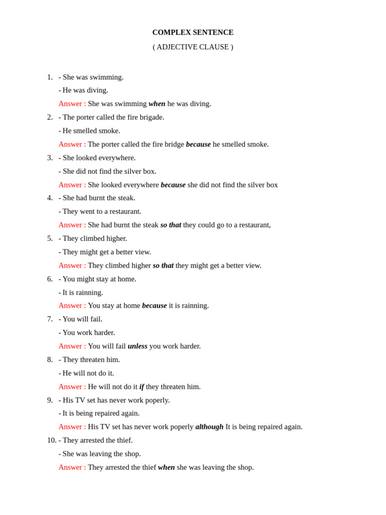Complex Sentences with Adjective Clauses | PDF