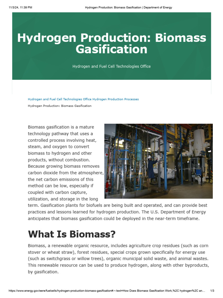 Hydrogen Production - Biomass Gasification - Department of Energy | PDF ...