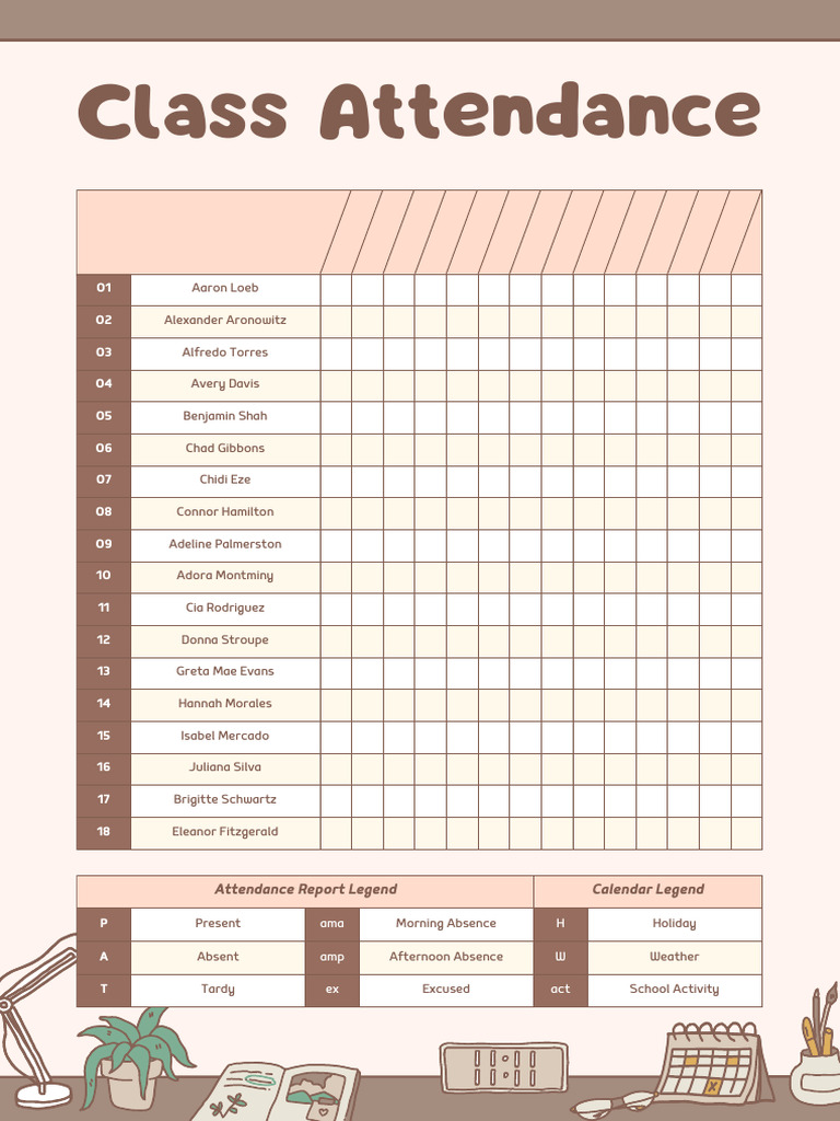 Back To School Class Attendance Document in Brown and Peach Lined Style ...