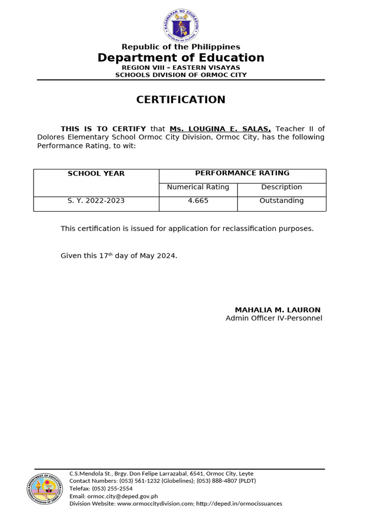 Certification Ipcrf Rating | PDF | Philippines | Telecommunications