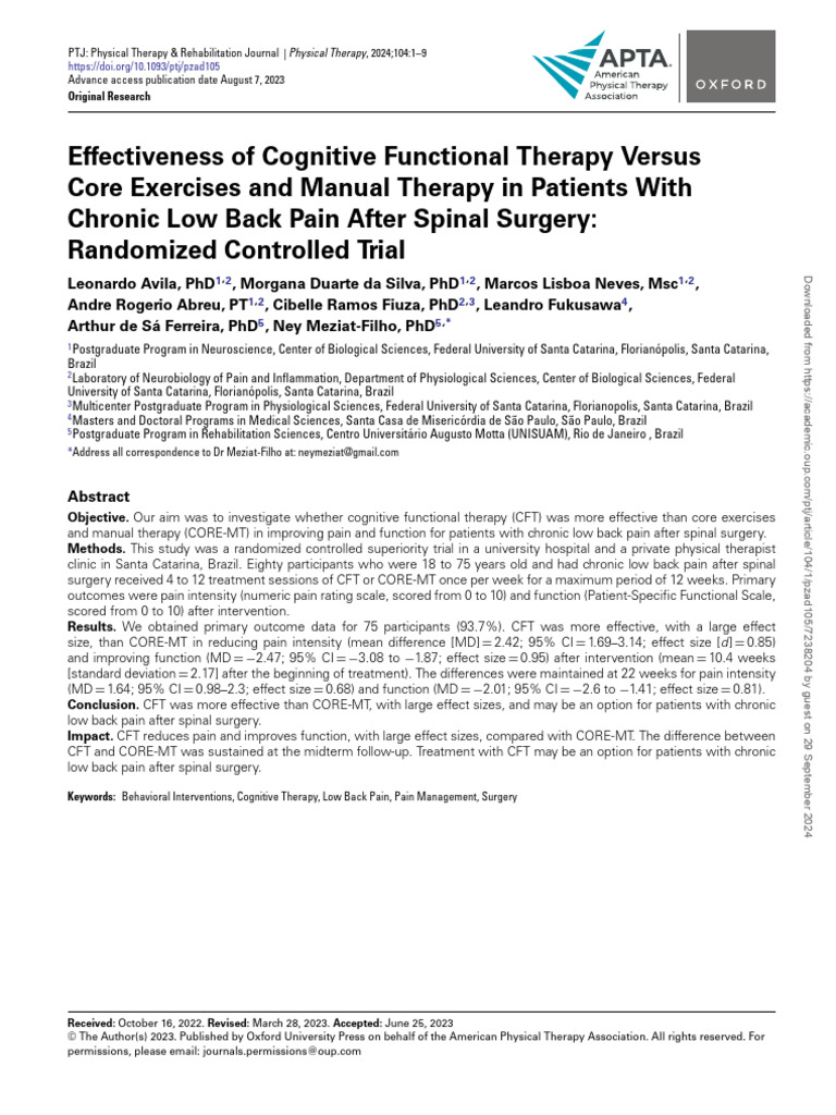 Effectiveness of Cognitive Functional Therapy Versus Core Exercises and ... Effectiveness of Cognitive Functional Therapy Versus Core Exercises and ...