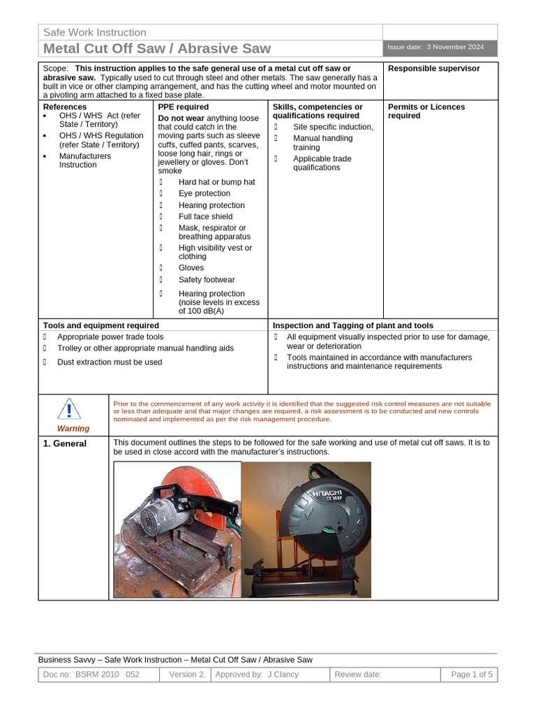 Swi Cut Off Saw Abrasive Saw | PDF | Personal Protective Equipment