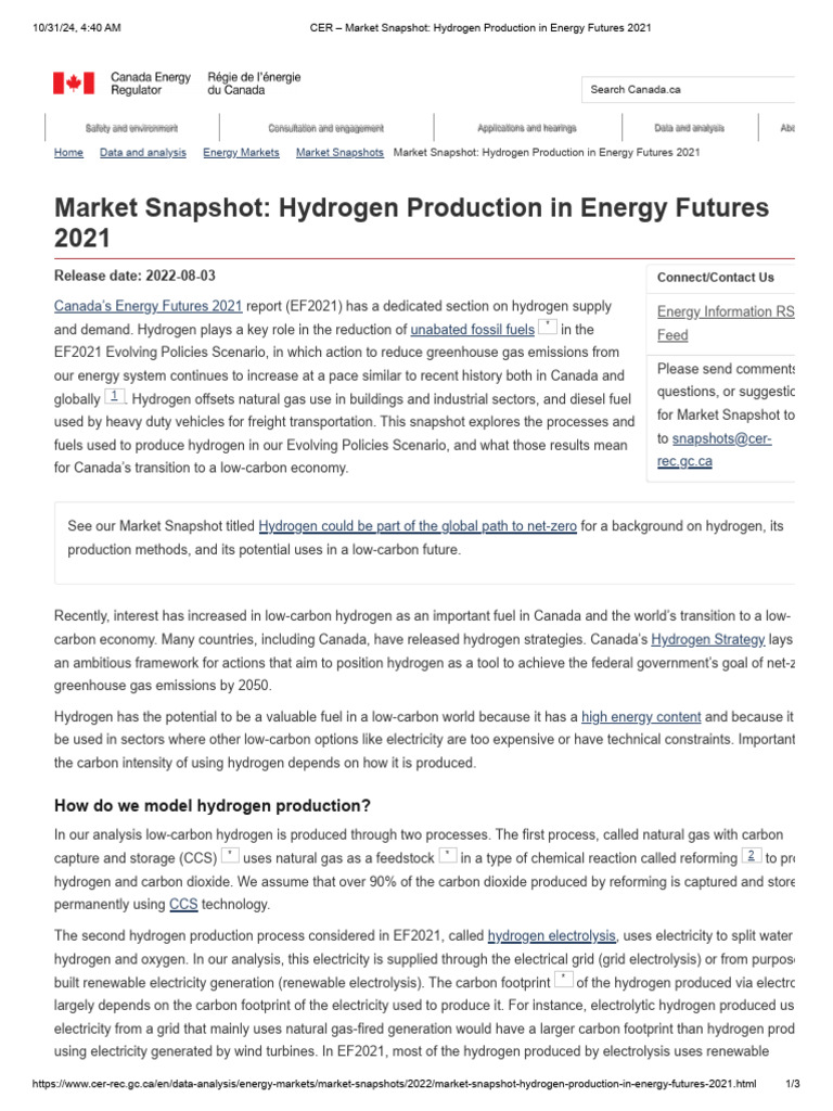 CER - Market Snapshot - Hydrogen Production in Energy Futures 2021 ...