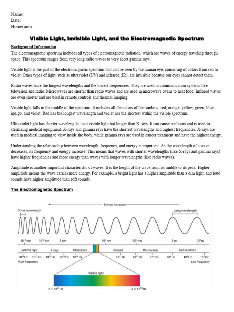 Electromagnetic Spectrum Worksheet | PDF | Electromagnetic Spectrum ...