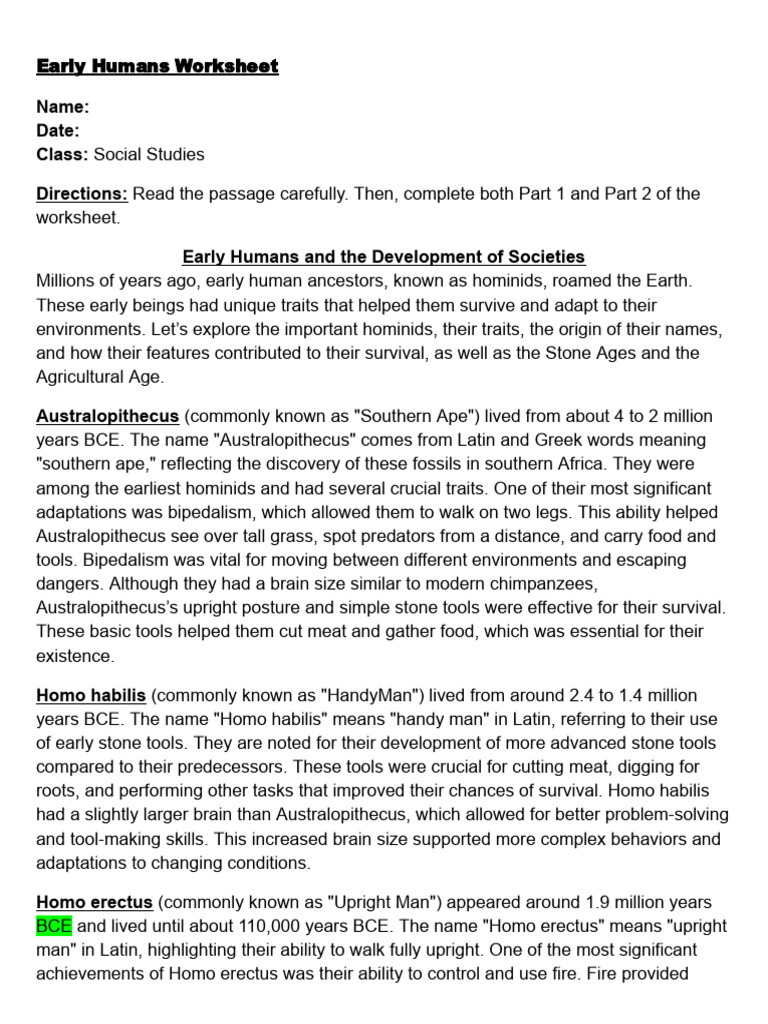 Early Humans Worksheet | PDF | Homo | Human
