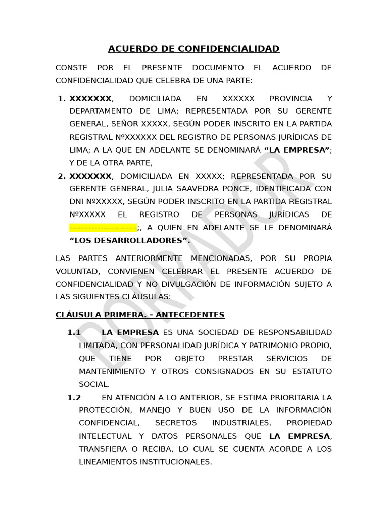 Acuerdo Confidencialidad - Software - Borrador 1 | PDF | Información | Business