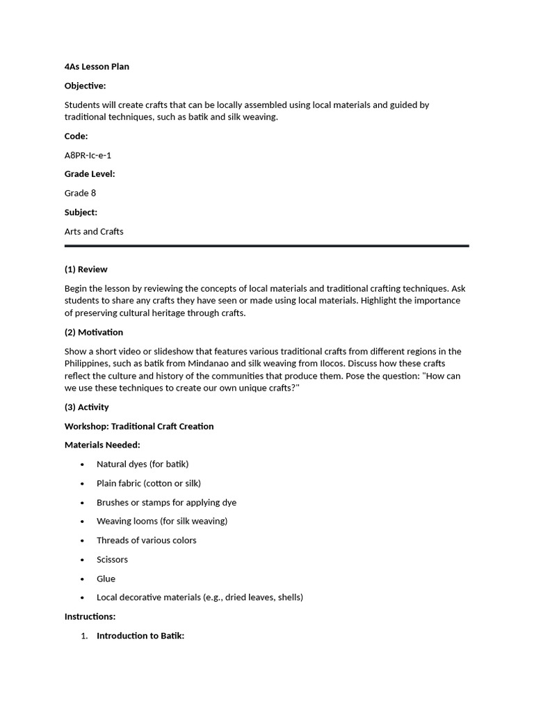 Grade 8 Traditional Crafts Lesson Plan | PDF | Weaving | Textiles