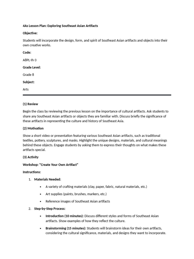4as Lesson Plan Arts 8 m5 | PDF | Artifact (Archaeology) | Lesson Plan