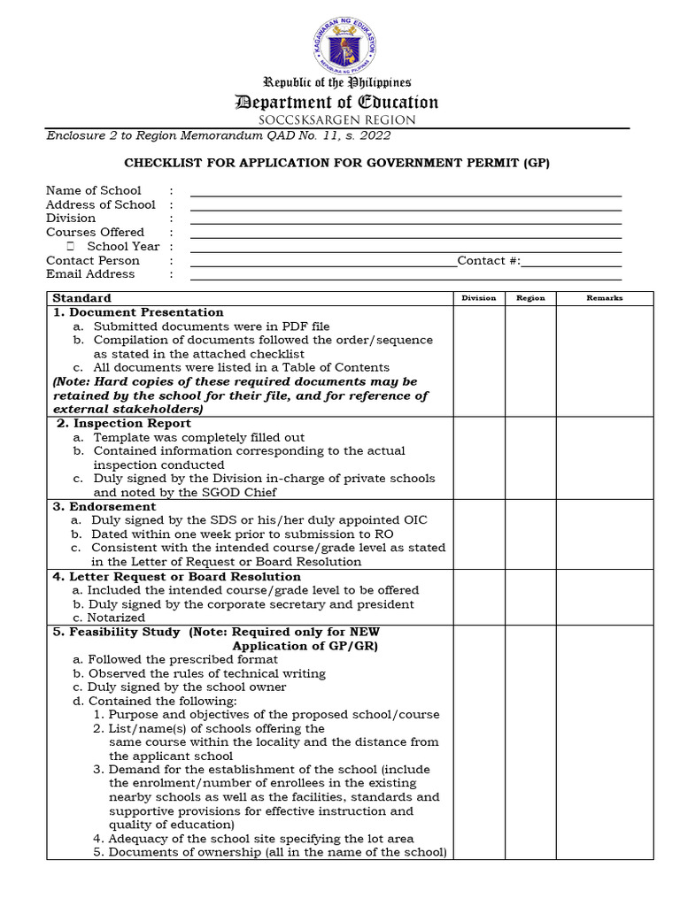 Enclosure2 - QAD CHECKLIST FOR APPLICATION FOR GOVERNMENT PERMIT GP | PDF | Curriculum | Tuition ...