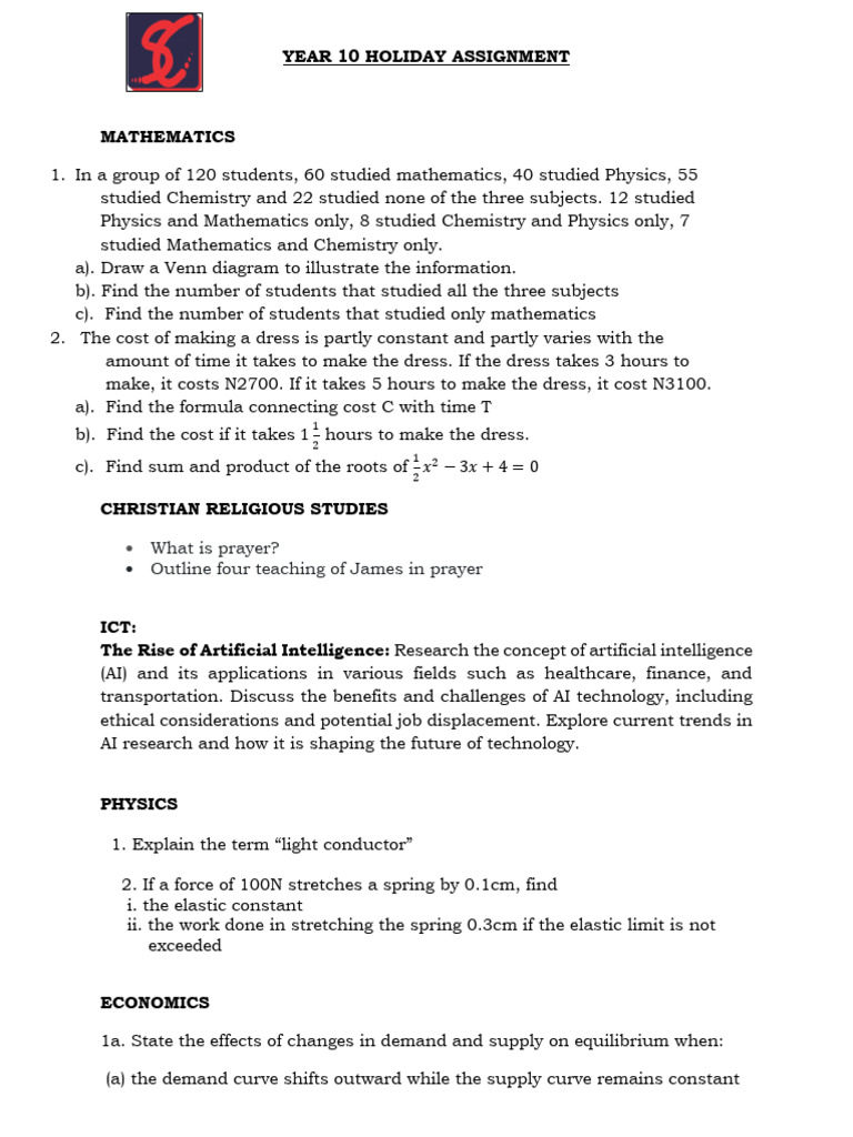 Year 10 Holiday Assignment | PDF | Supply And Demand | Demand