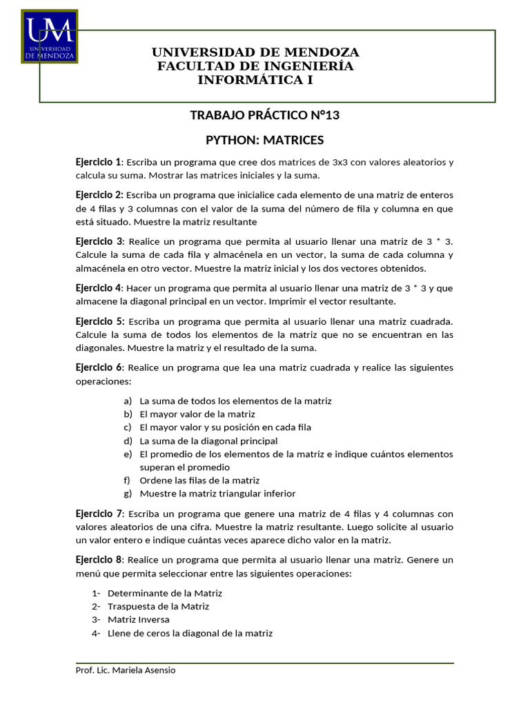 Trabajo Práctico 13 - Python | PDF | Matriz (Matemáticas) | Matemáticas