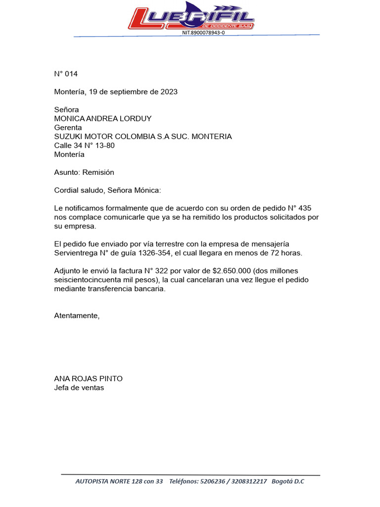 Carta Remisión | PDF | Hogar, jardinería y bricolaje