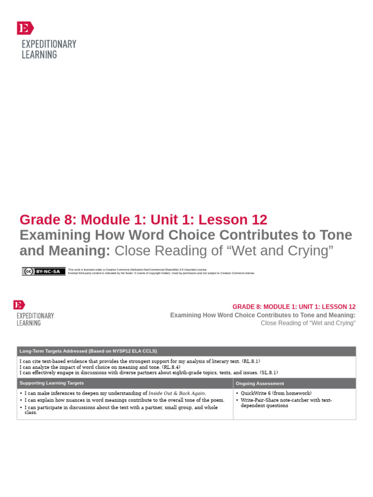 Gr 8 Module 1 Unit 1 Lesson 122 | PDF | Reading Comprehension | Linguistics