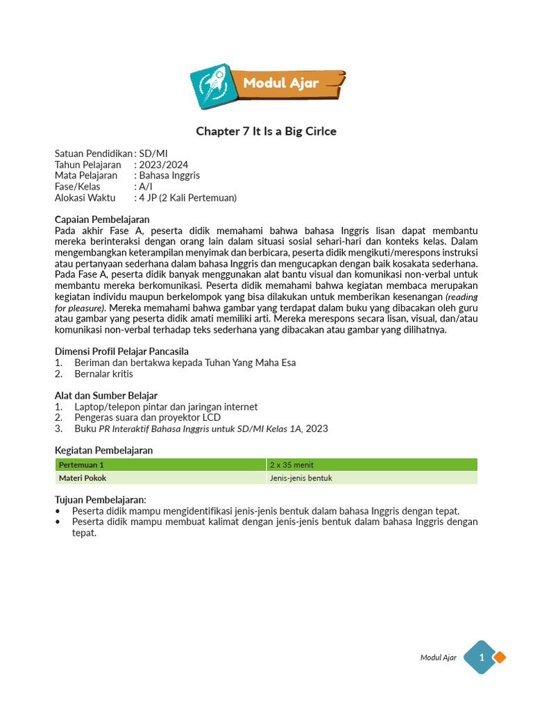 Modul Ajar PR Bahasa Inggris 1A 2023-2024 Chapter 7 | PDF