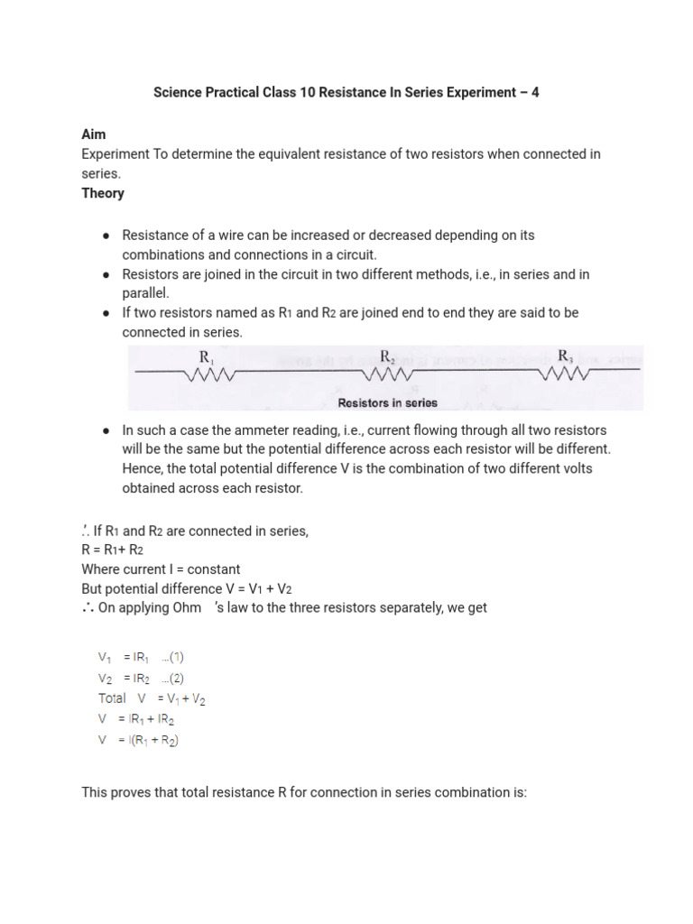 Class 10 Practical R in Series Exp 4 | PDF | Resistor | Series And ...