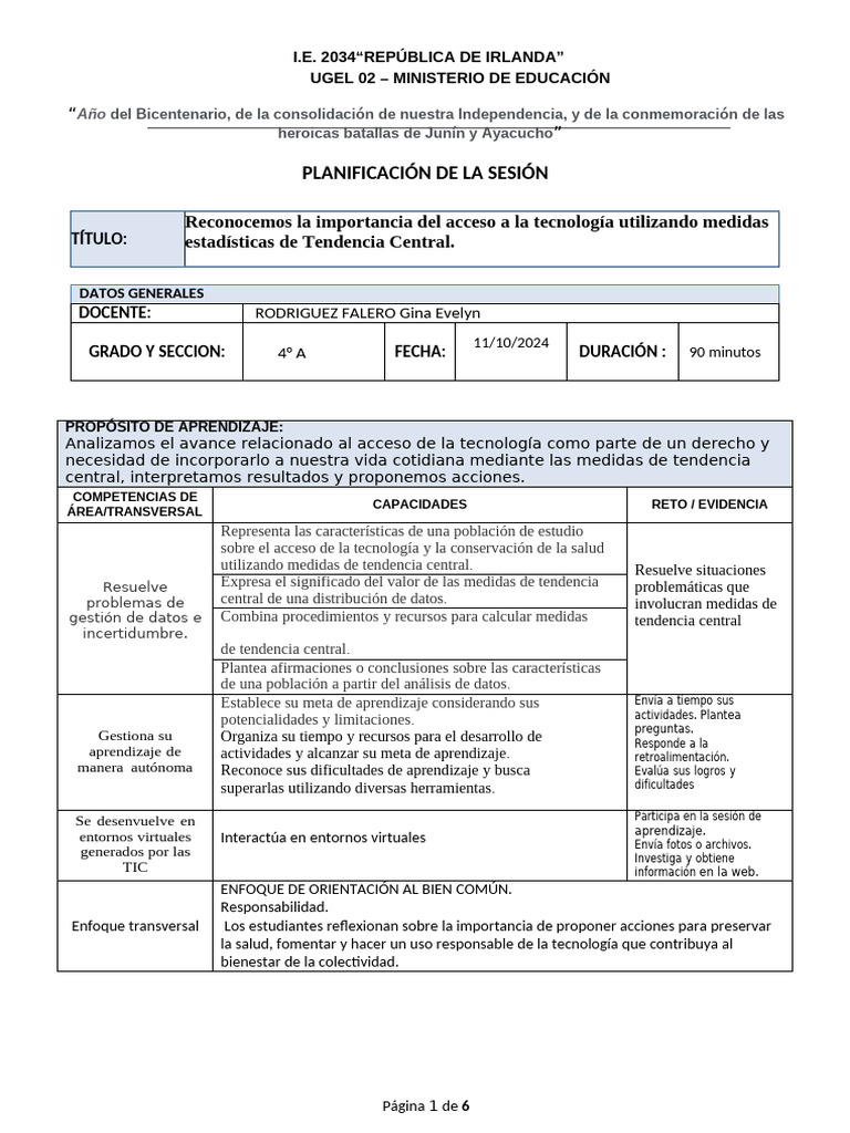 SESION DE MEDIDAS DE TENDENCIA CENTRAL-4to DE SECUNDARIA-RPI | PDF ...