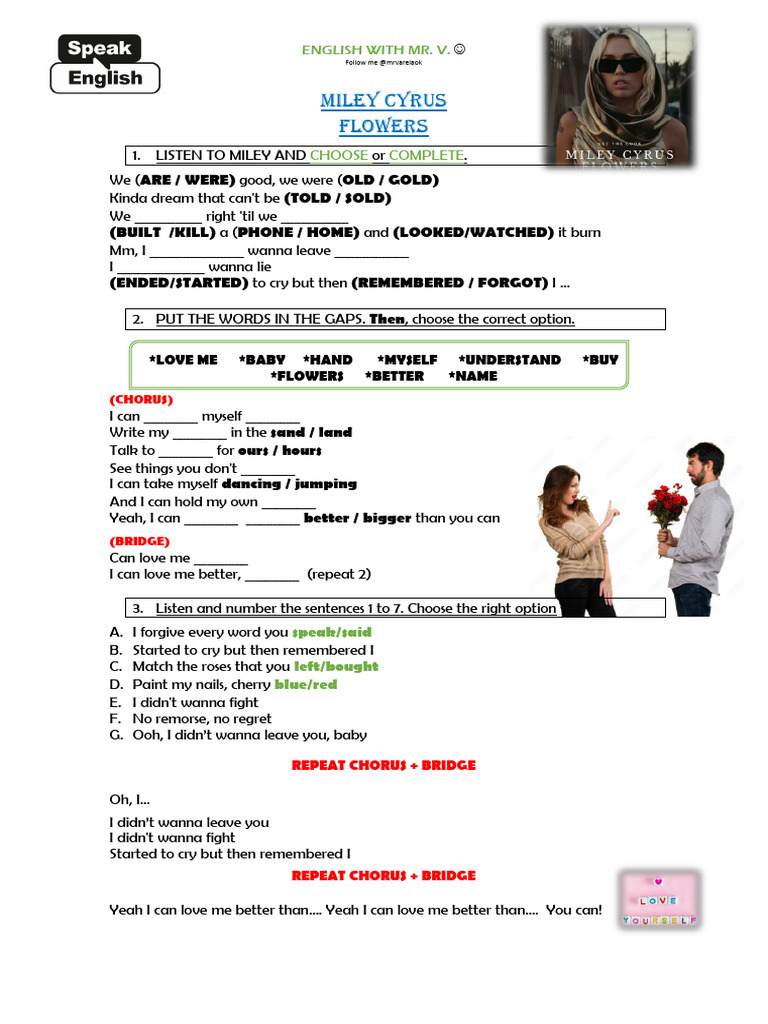 Miley Cyrus Flowers Worksheet | PDF | Foreign Language Studies