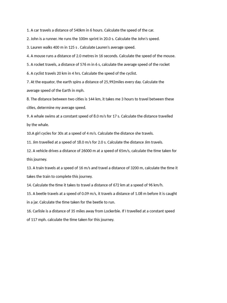 Speed Distance Time Worksheet | PDF | Speed | Motion (Physics)