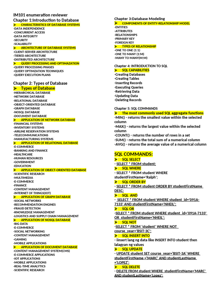 IM101 Enumeration Reviewer | PDF | Databases | Sql