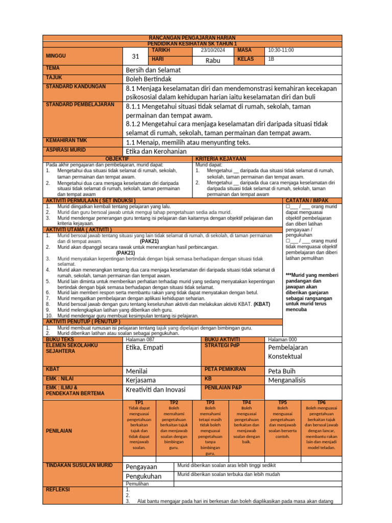 M31 RPH Pendidikan Kesihatan THN 1 2024-2025 | PDF | Karier & Perkembangan