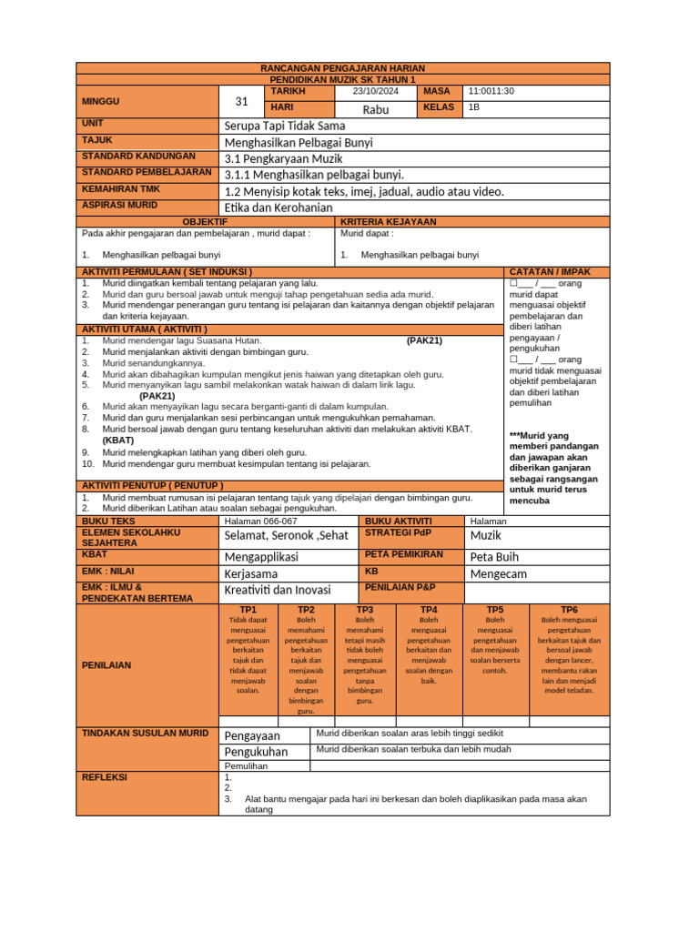 M31 RPH Pendidikan Muzik THN 1 2024-2025 | PDF