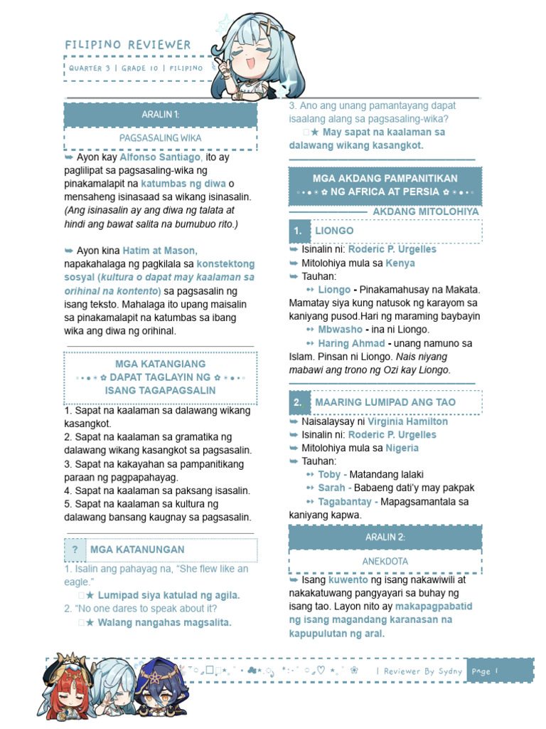 Filipino Reviewer - 3rd Quarter | PDF