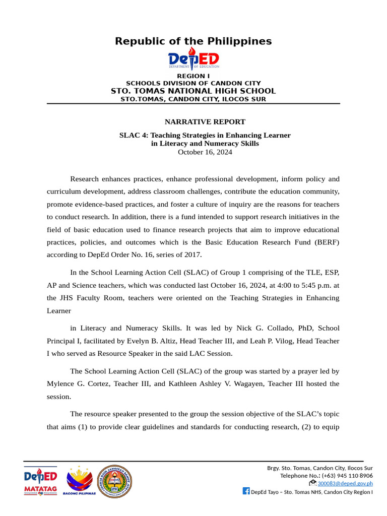 SLAC Narrative Report | PDF | Teachers | Education Theory