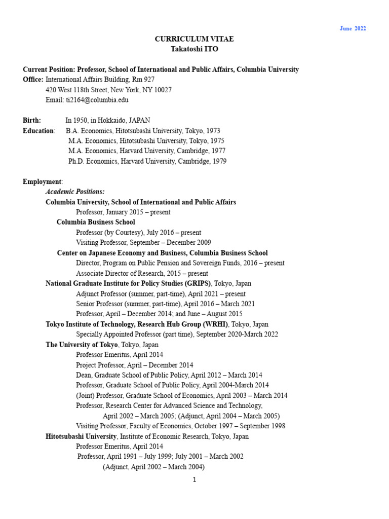 Takatoshi Ito Curriculum Vitae Summary | PDF | Economics | Macroeconomics