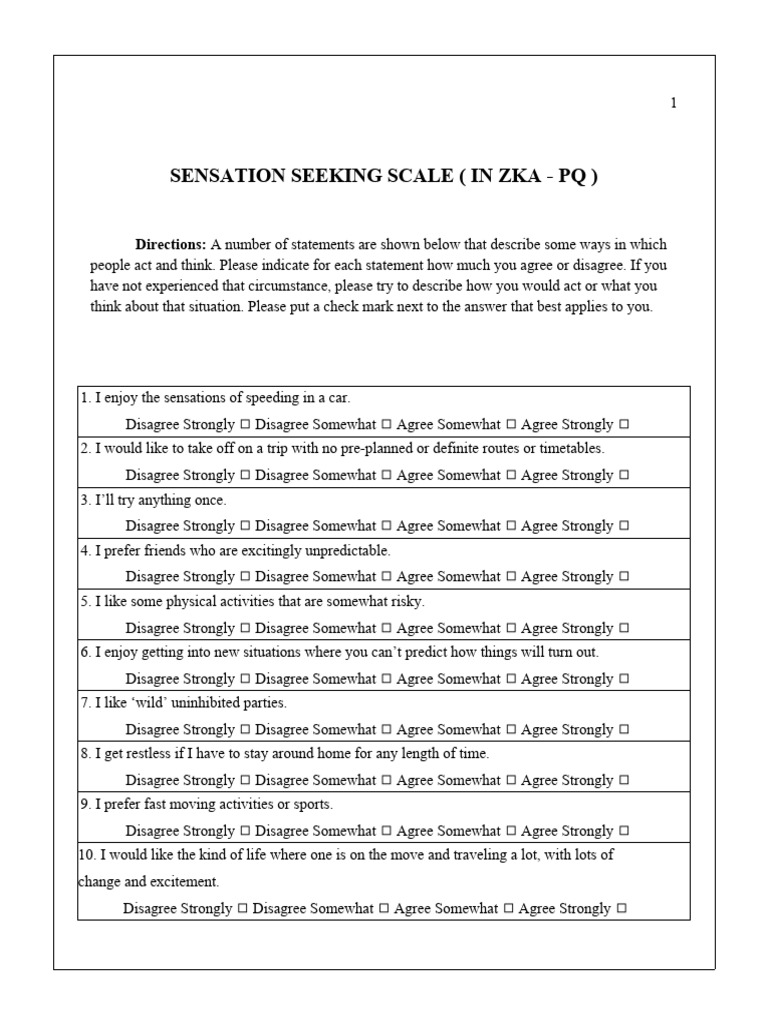 Sensation Seeking Scale (In Zka - PQ) | PDF | Behavioural Sciences | Social Psychology