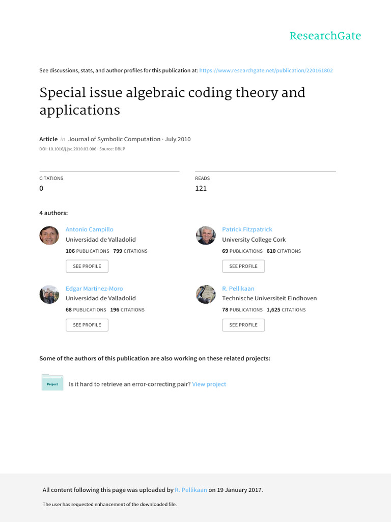 Special Issue Algebraic Coding Theory An 1 Pdf Combinatorics Applied Mathematics