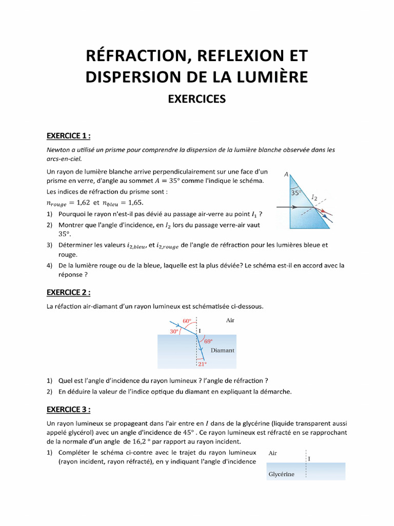 Exercices - Réfraction, Réflexion Et Dispersion de La Lumière | PDF