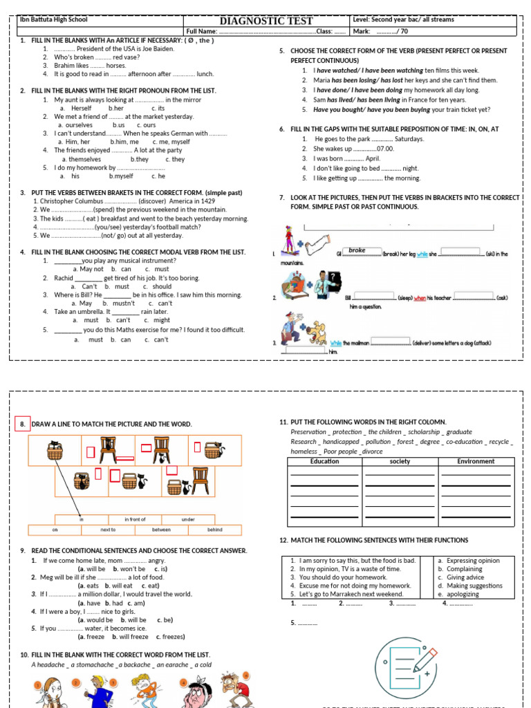 Diagnostic Test for 2nd Year Bac | PDF | Linguistics | Grammar