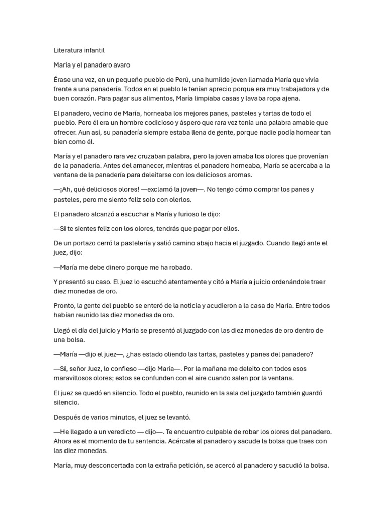 Literatura Infantil - María y El Panadero Avaro | PDF | Panadería