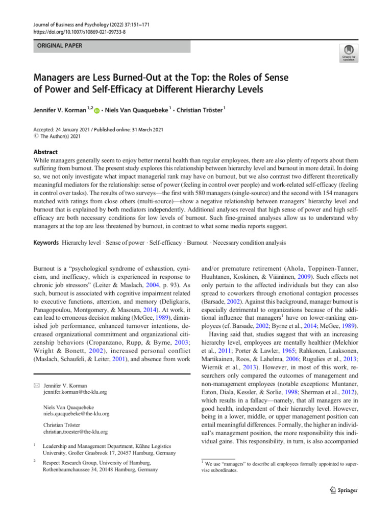 Managers Are Less Burned-Out at The Top: The Roles of Sense of Power ...