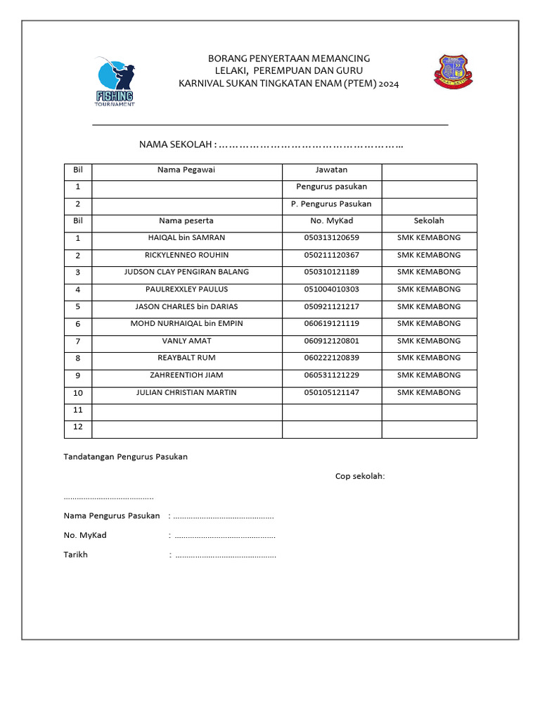 Borang Penyertaan Memancing 2024 | PDF