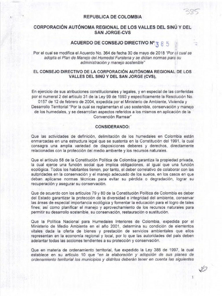 ACUERDO 385 2018 (PMA Furatena) | PDF | Desarrollo sostenible | Entorno natural