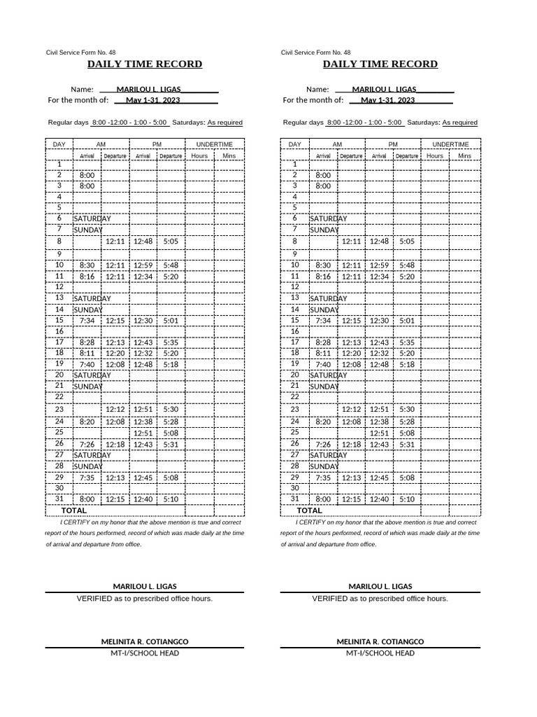 Daily Time Record - Form No. 48 | PDF
