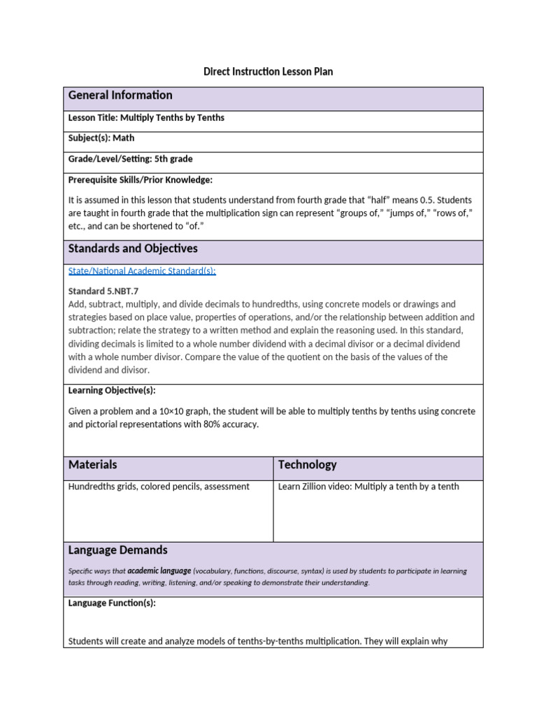 Multiply Tenths by Tenths Lesson Plan | PDF | Division (Mathematics) | Multiplication