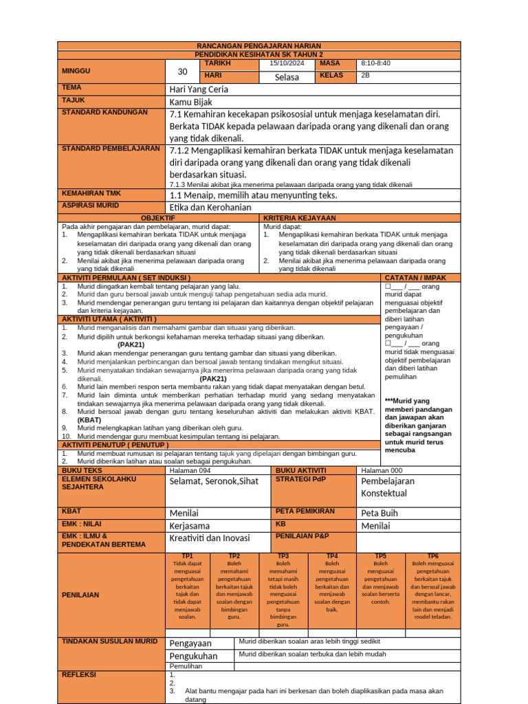 M30 RPH Pendidikan Kesihatan THN 2 | PDF | Karier & Perkembangan