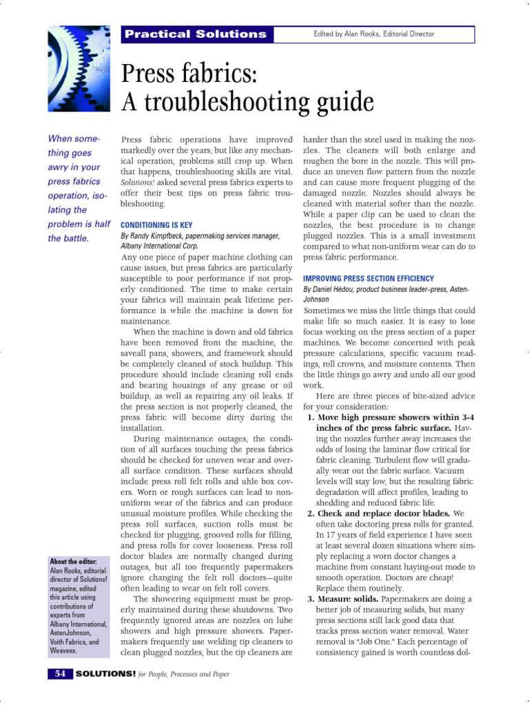 Press Fabric Troubleshooting Guide | PDF | Water | Wear