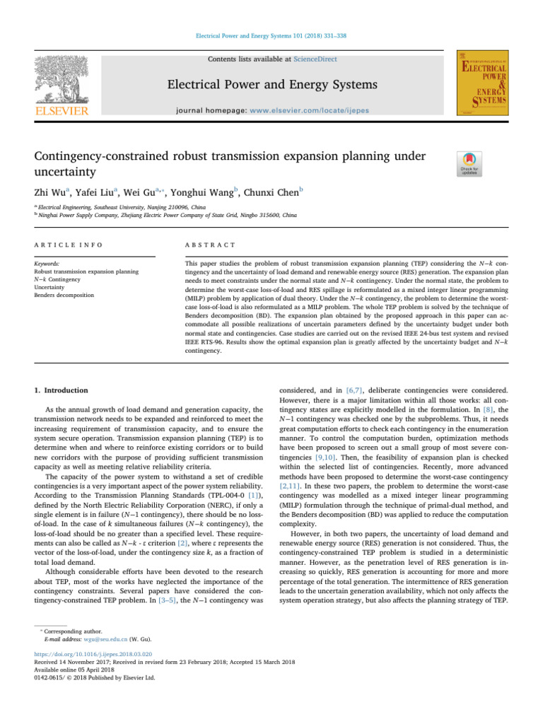 Contingency-Constrained Robust Transmission Expansion Planning Under | PDF | Linear Programming ...