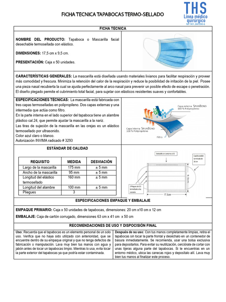 Ficha Técnica Tapabocas THS | PDF
