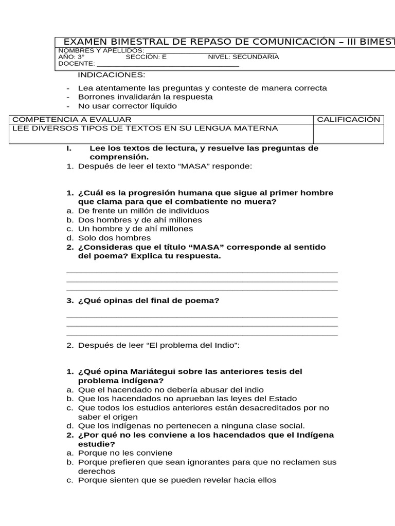 Examen Bimestral de Repaso de Comunicación | PDF | Estudios de idiomas extranjeros | Ficción general