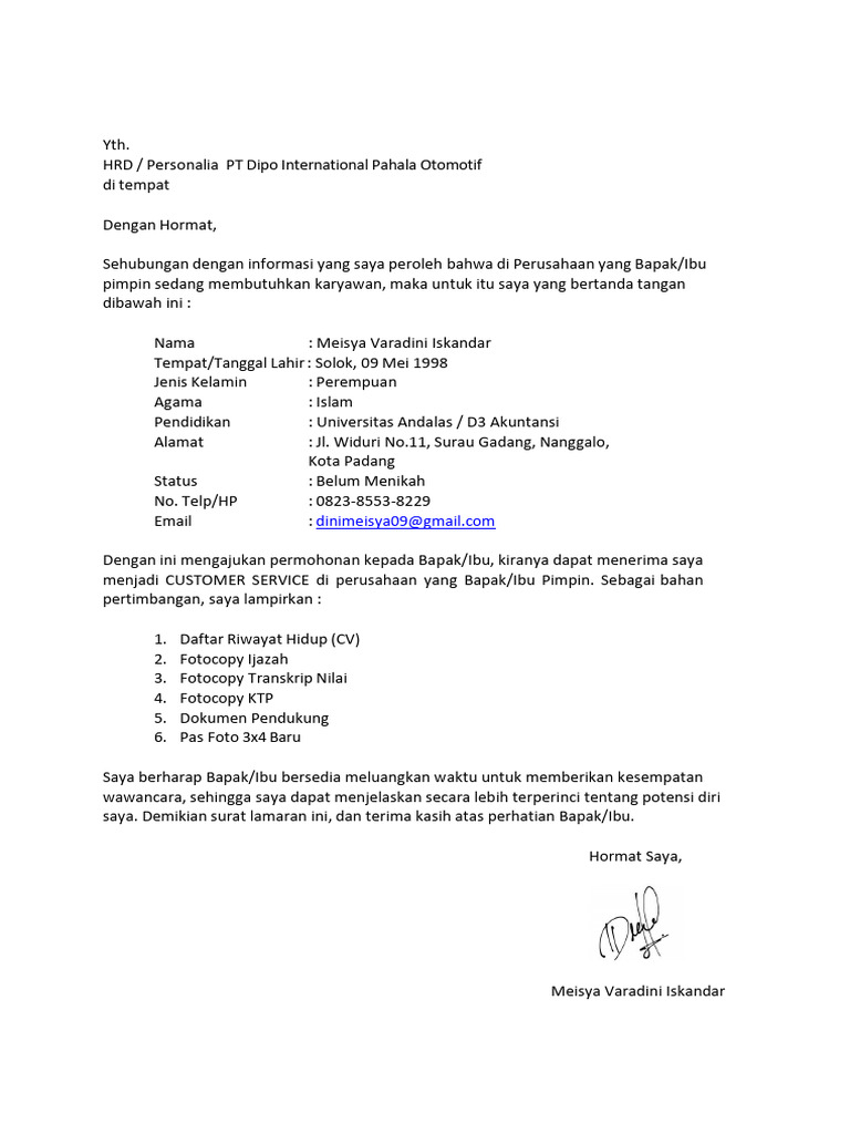 Lamaran Kerja Customer Service Meisya Iskandar | PDF