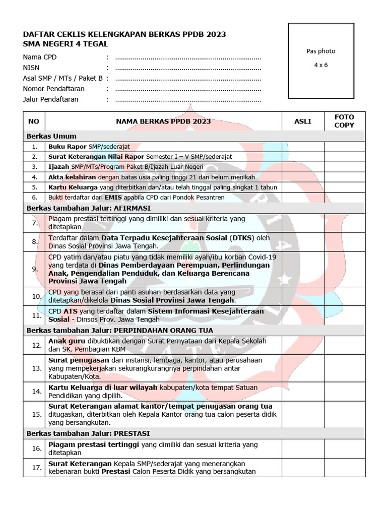 Daftar Ceklis Kelengkapan Berkas PPDB | PDF