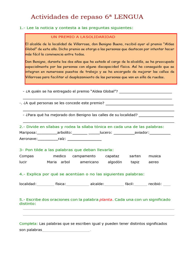 Actividades de Lengua para 6º Grado | PDF | Sustantivo | Adjetivo