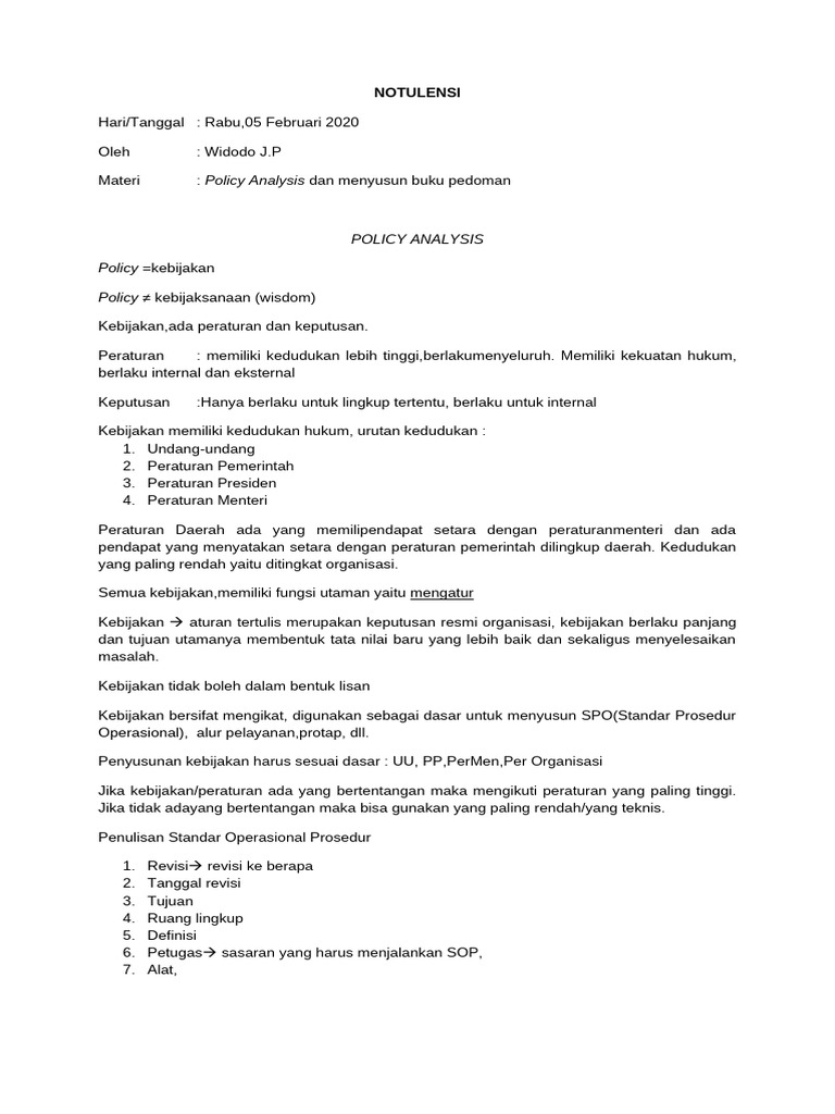 NOTULENSI-Policy Analysis Dan Buku Pedoman 05-02-2020 | PDF