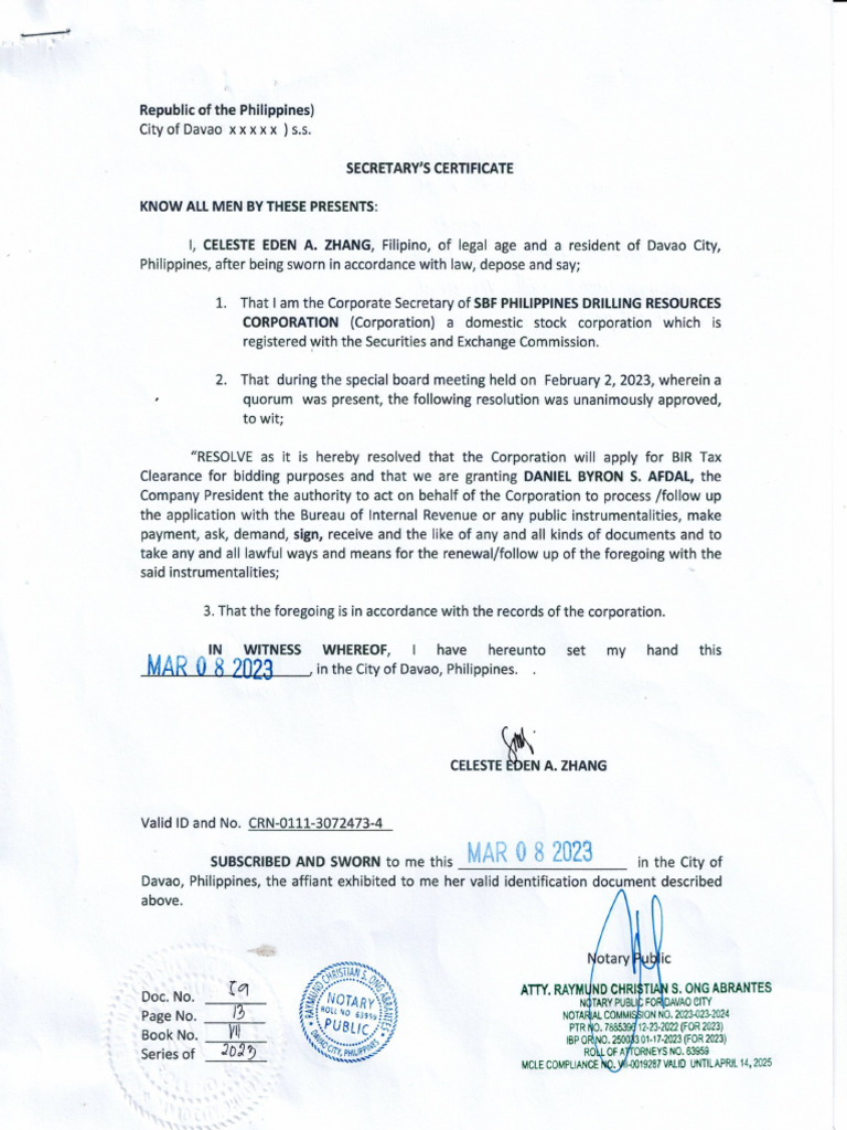 Sec Cert & Sworn Statement For Bir | PDF