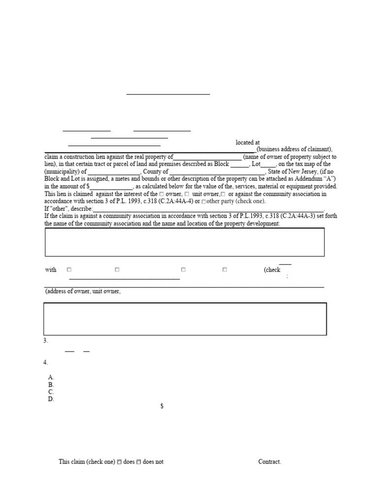 New Jersey Construction Lien Claim Form | PDF | Land Lot | Justice