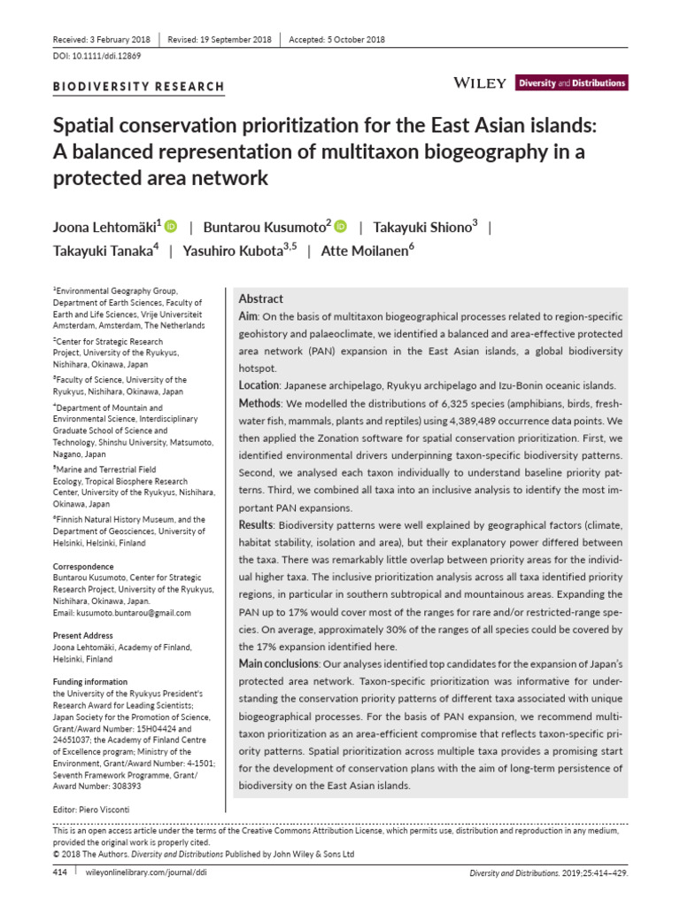 Diversity and Distributions - 2018 - Lehtomäki - Spatial Conservation Prioritization For The ...
